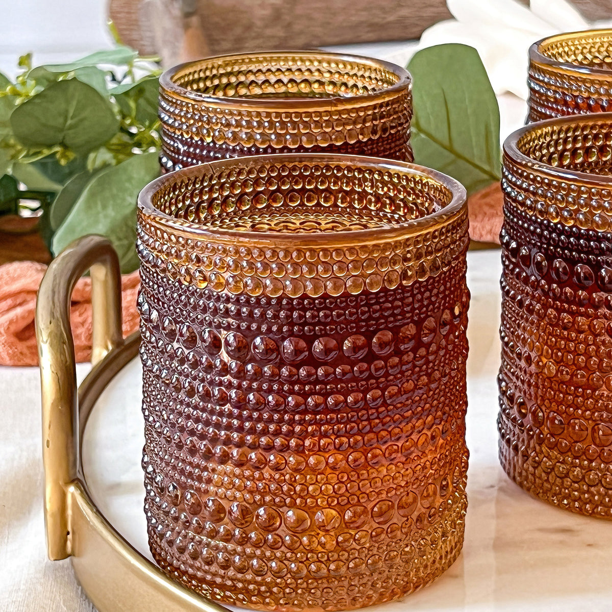 10 oz. Textured Hobnail Beaded Amber Rocks Drinking Glasses (Set of 6) MWF